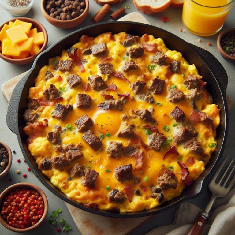 One Pan Cheesy Beef Breakfast Scramble Recipe